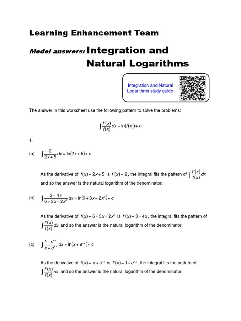 Steps Into Calculus Integration and Natural Logarithms Model Answers ...