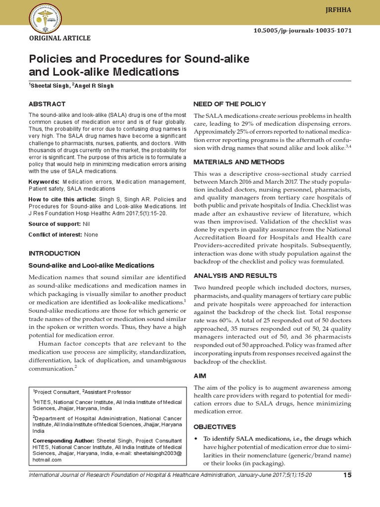 Policies and Procedures For Sound-Alike and Look-Alike Medications ...