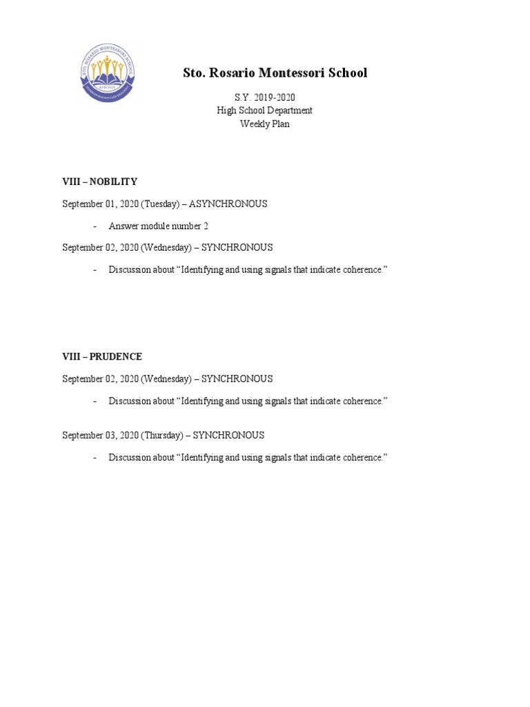 Grade VIII Weekly Plan 2 | PDF