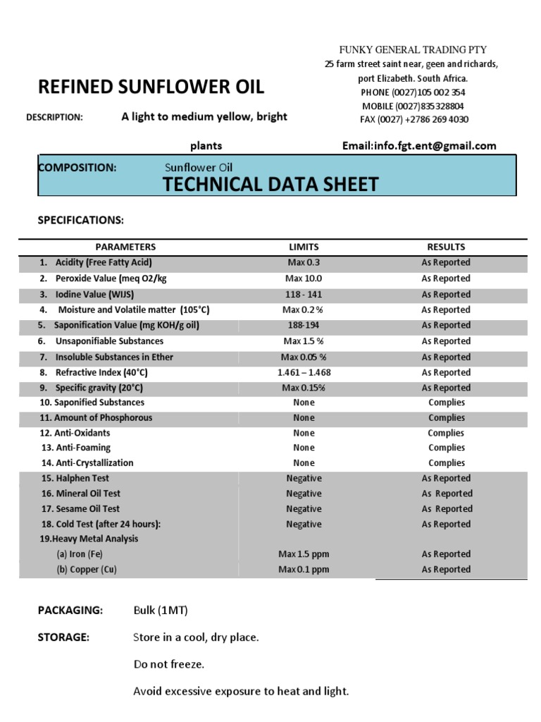 Sunflower Oil Technical Datasheet | PDF | Chemical Substances | Chemical Compounds