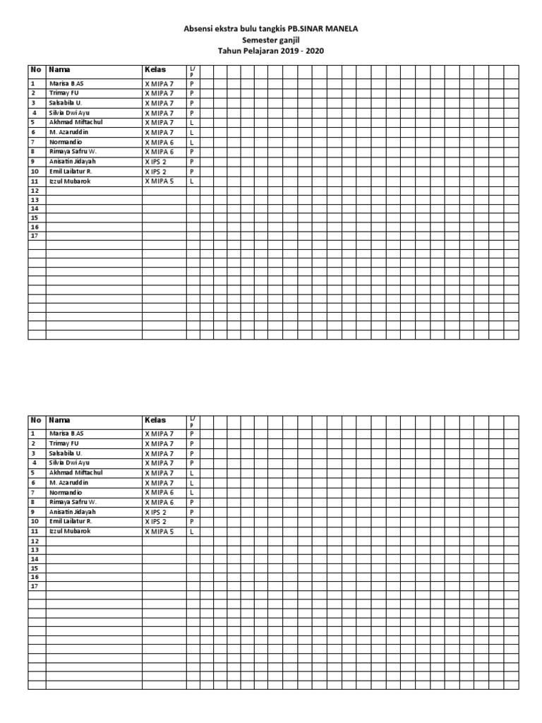 Absensi Ekstra Bulu Tangkis 1 | PDF