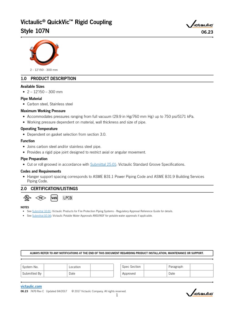 Victaulic Quickvic Rigid Coupling Style 107N: 1.0 Product Description | PDF