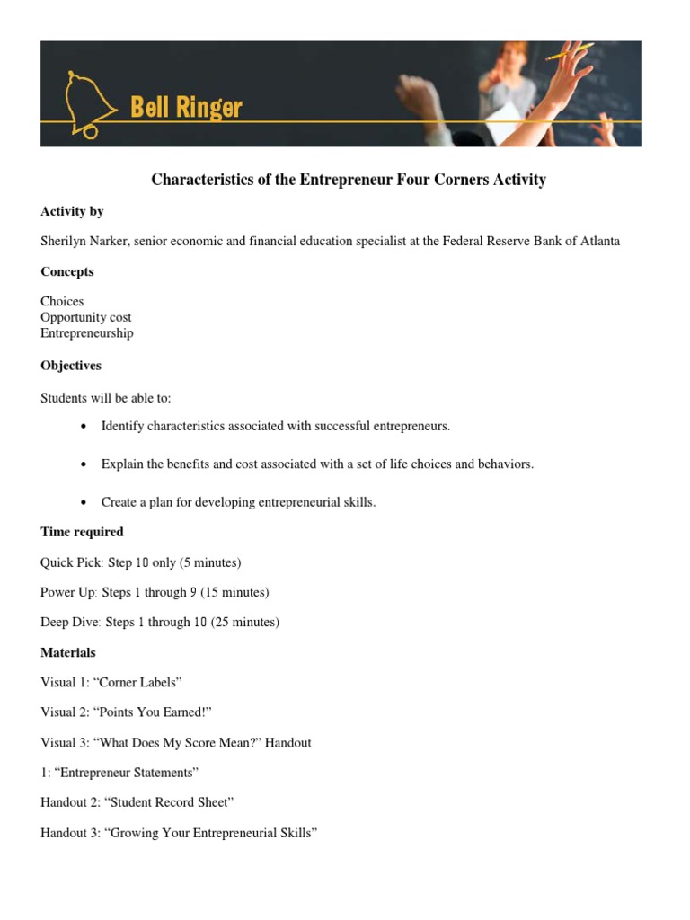 Characteristics of The Entrepreneur Four Corners Activity | PDF ...