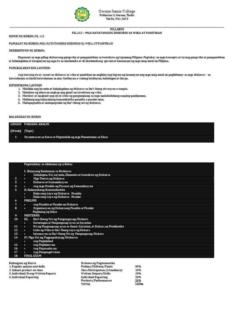 Syllabus-Natatanging Diskurso Sa Wika at Panitikan | PDF