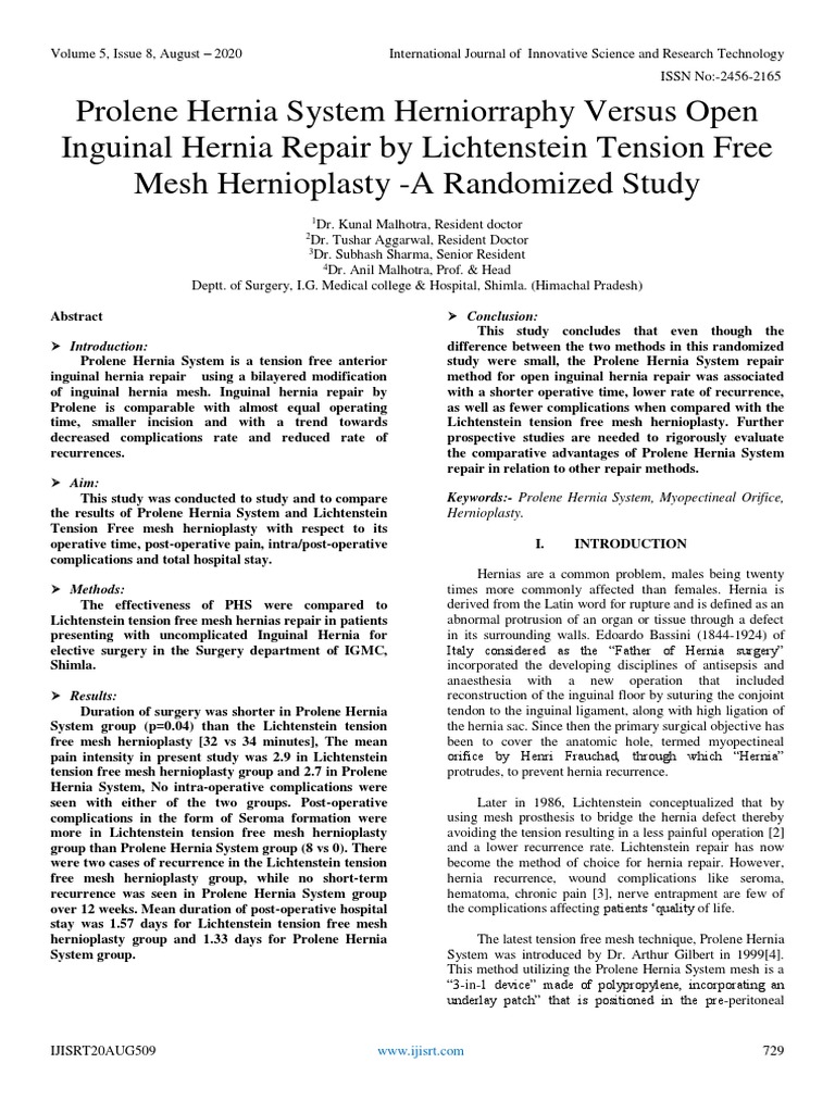 Prolene Hernia System Herniorraphy Versus Open Inguinal Hernia Repair ...