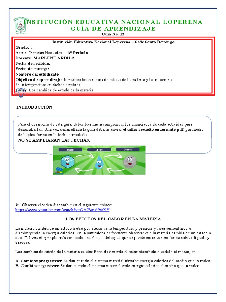 GUÍA Los Cambios de Estado de La Materia GRADO QUINTO AÑO 2020 | PDF ...