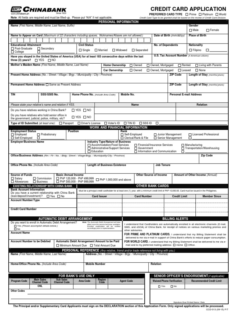 China Bank Credit Card Application Form | PDF | Credit Card | Banks