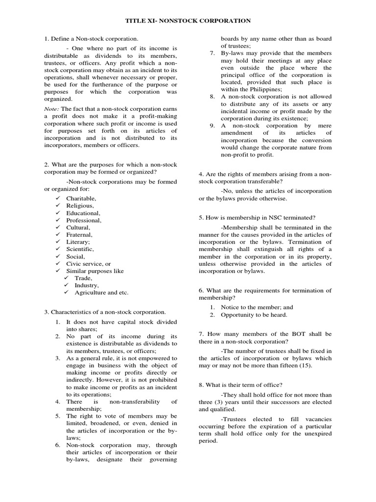 Title Xi-Nonstock Corporation | PDF | By Law | Corporations