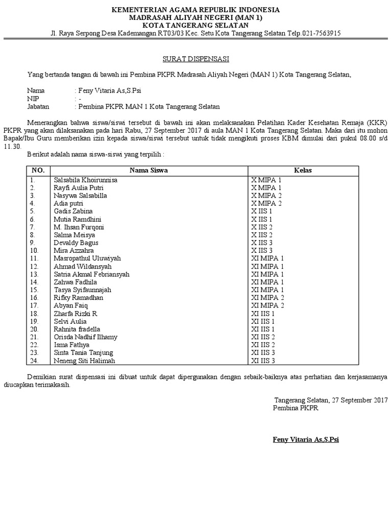 Surat Dispensasi PKPR 27sept | PDF