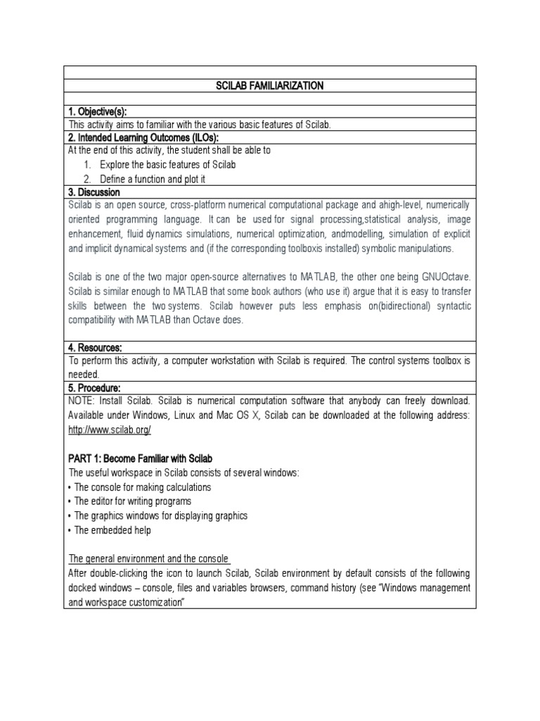 Scilab Familiarization | PDF | Command Line Interface | Matlab