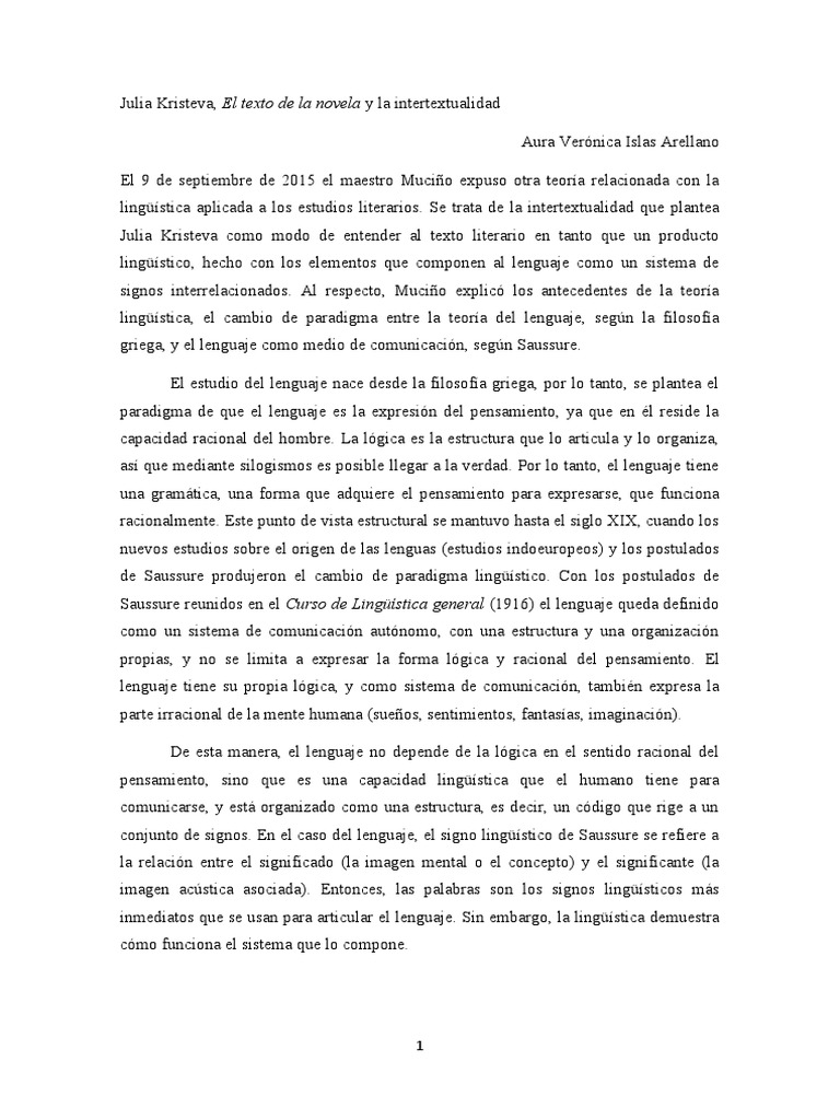 Julia Kristeva, La Novela y El Intertexto | PDF | Intertextualidad | Lingüística