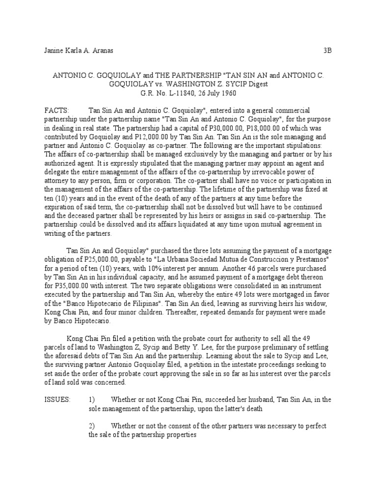 ARANAS 3B (Goquilay Vs Sycip) | PDF | Partnership | General Partnership