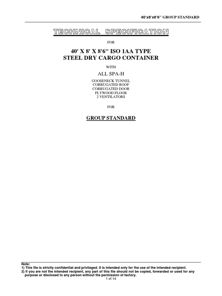Technical Specification: 40' X 8' X 8'6" ISO 1AA TYPE Steel Dry Cargo ...