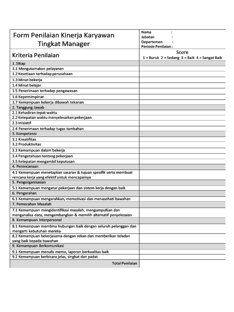 Form Penilaian Kinerja Karyawan Tingkat Manager | PDF