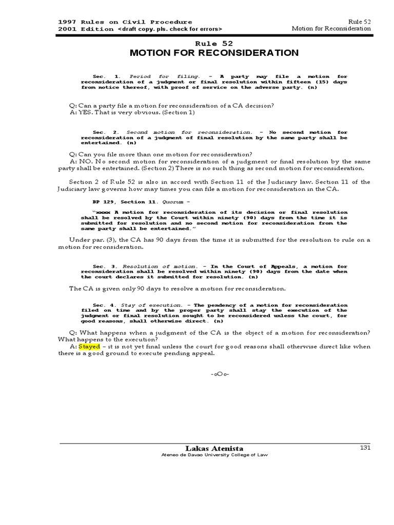 Motion For Reconsideration: Rule 52 | PDF | Judgment (Law) | Virtue