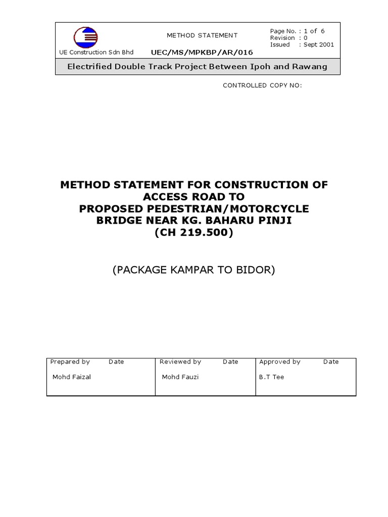 Method Statement For Construction of Access Road To Proposed Pedestrian ...