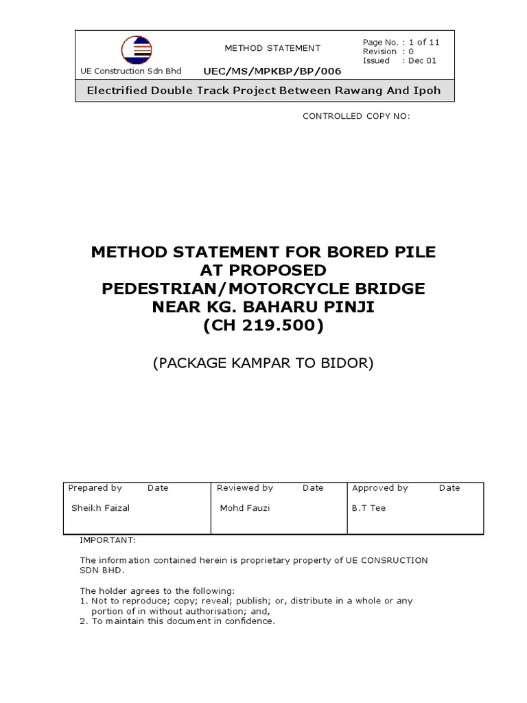 Method Statement For Bored Pile at Proposed Pedestrian/Motorcycle Bridge Near Kg. Baharu Pinji ...
