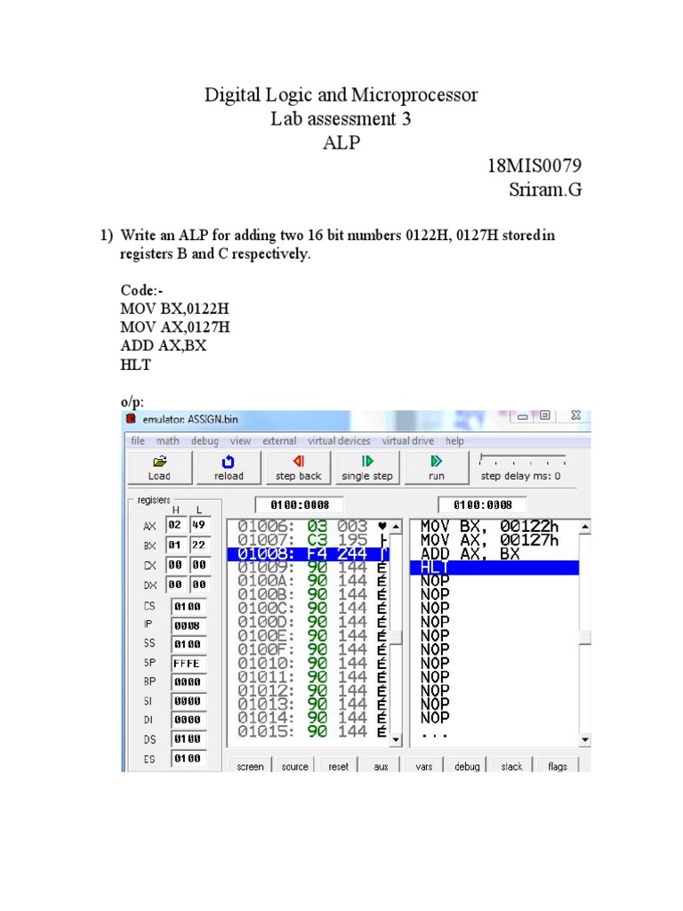 Digital Logic and Microprocessor Lab Assessment 3 ALP 18MIS0079 Sriram ...