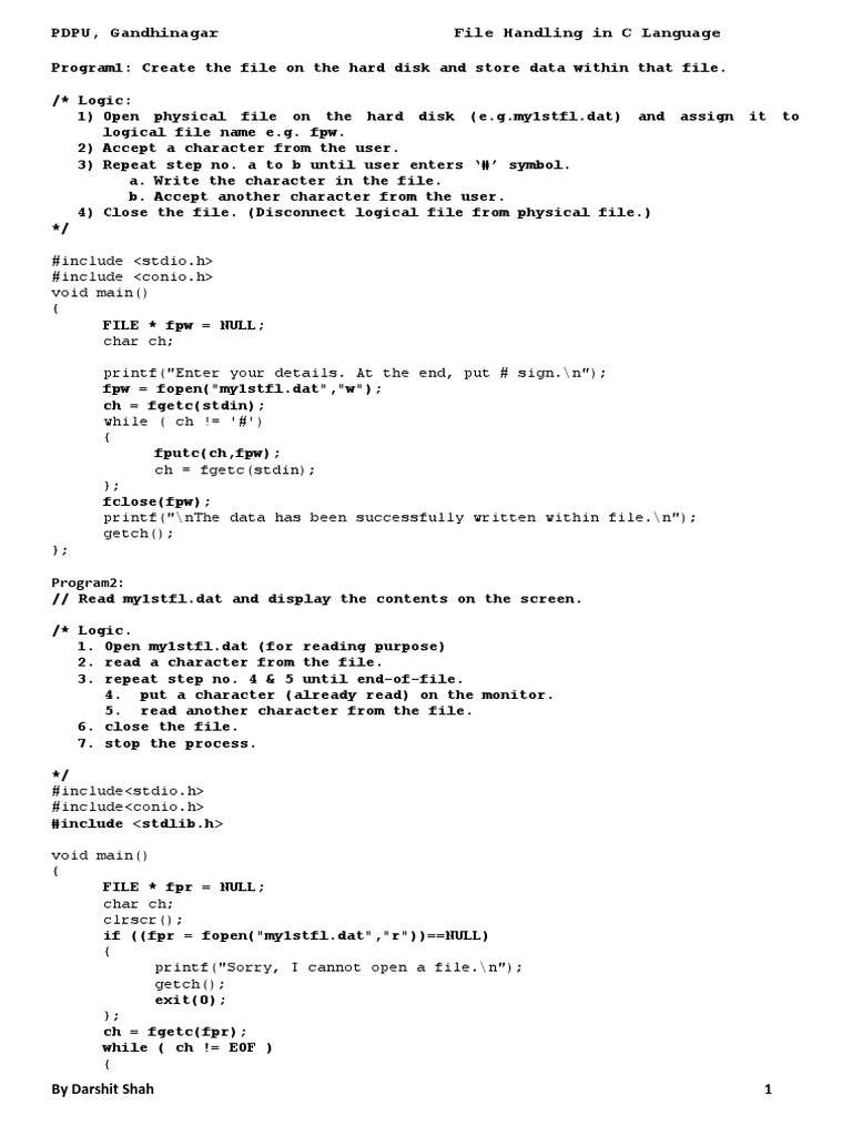 PDPU, Gandhinagar File Handling in C Language: by Darshit Shah 1 | PDF ...