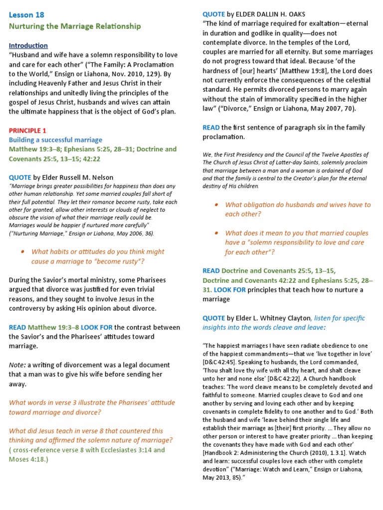 Nurturing The Marriage Relationship: Lesson 18 | PDF | Wife | Marriage