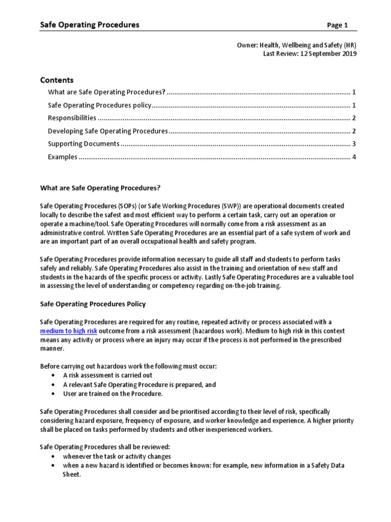 Safe Operating Procedures Overview | PDF | Risk Assessment ...
