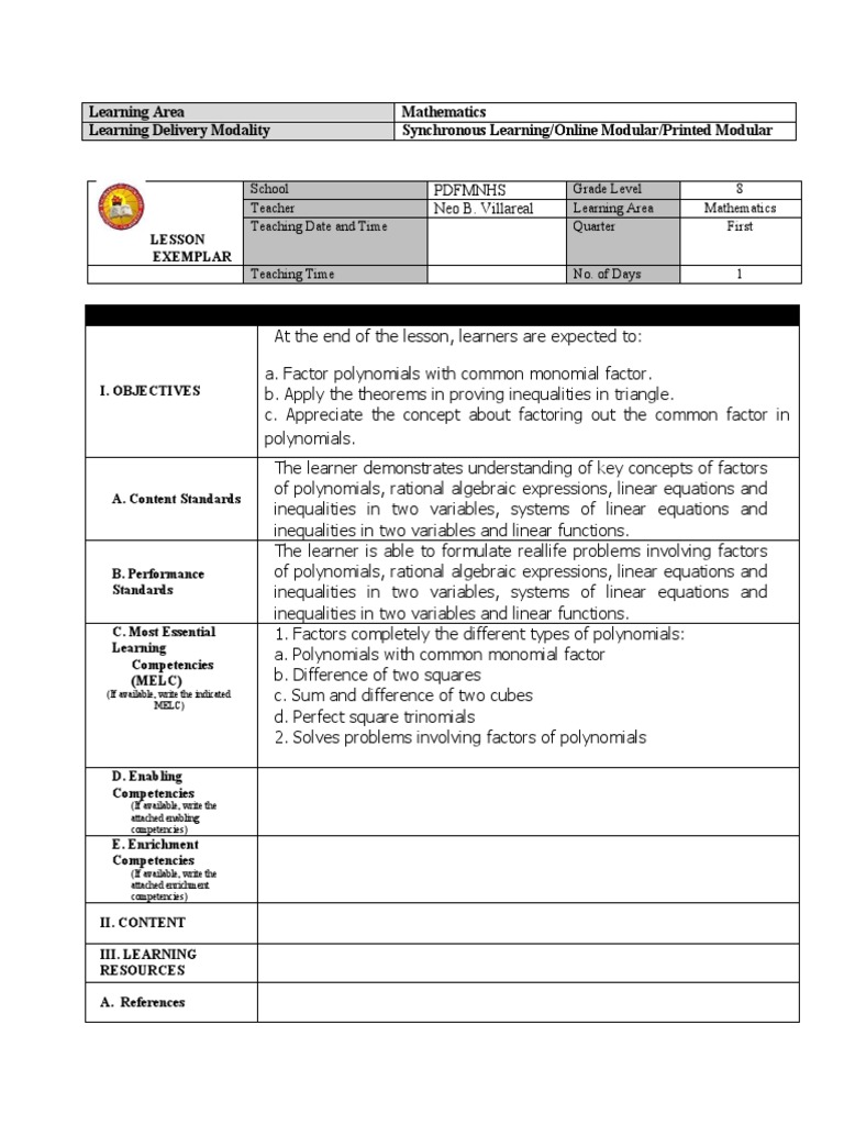 Lesson Exemplar in Mathematics | Download Free PDF | Factorization ...
