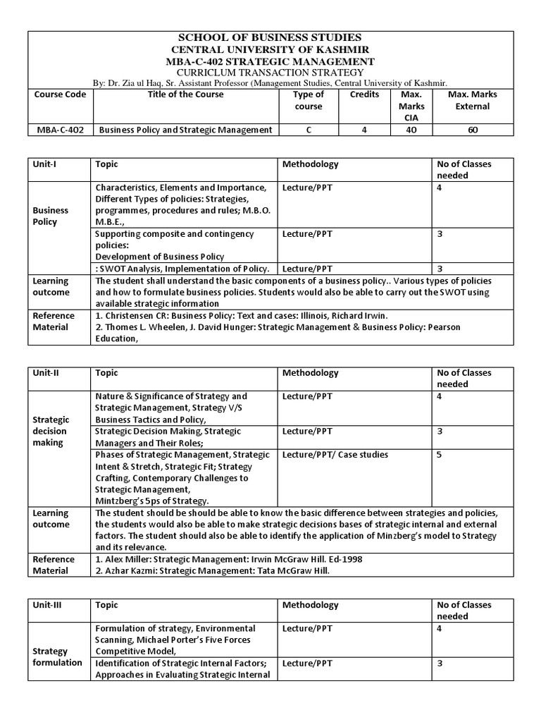 Strategic Management Course Curriculum for MBA Students with a Focus on ...