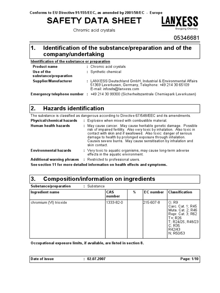 Chromic Acid Lanxess-MSDS PDF | PDF | Toxicity | Firefighting