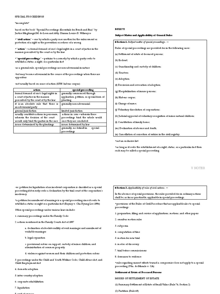Special Proceedings V Notes (Incomplete) | PDF | Intestacy | Probate