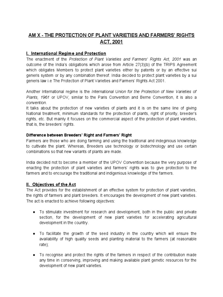 Am X - The Protection of Plant Varieties and Farmers' Rights ACT, 2001 ...