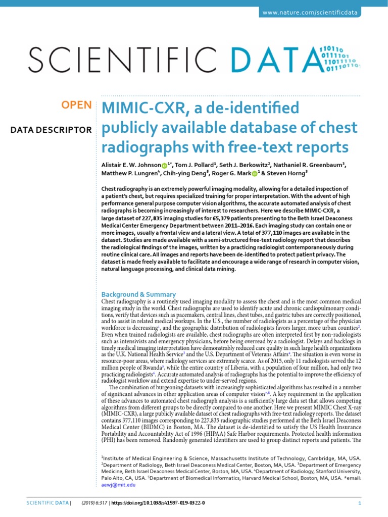 MIMIC-CXR, A De-Identified Publicly Available Database of Chest Radiographs With Free-Text ...