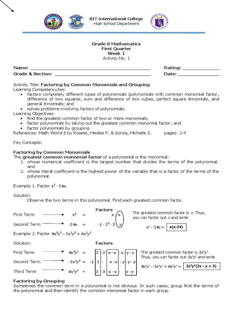 Math 8 Module First Quarter | PDF | Factorization | Fraction (Mathematics)