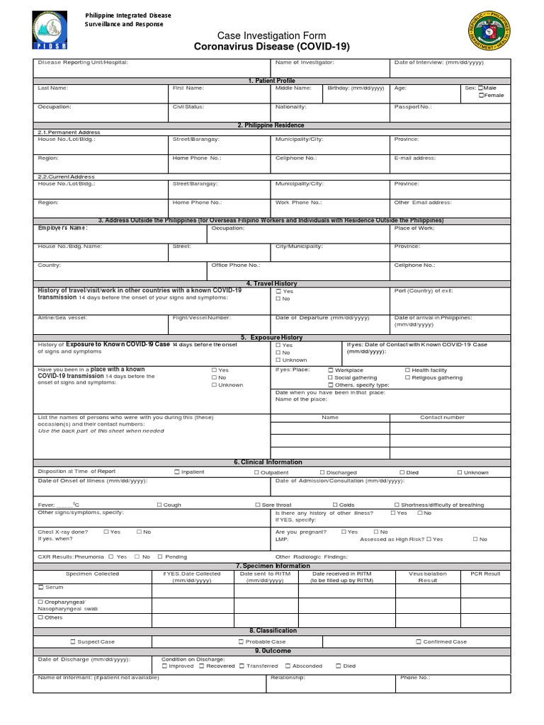 Coronavirus Disease (COVID-19) : Case Investigation Form | PDF ...