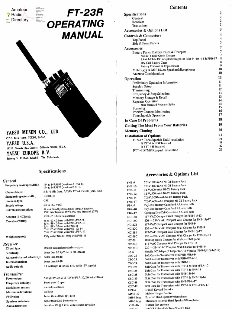 Yaesu FT-23R VHF FM Portable Transceiver - User Manual | PDF