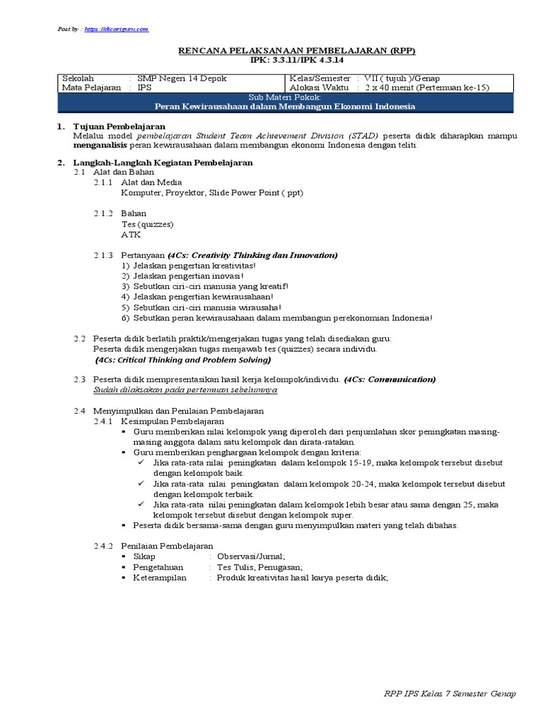 RPP IPS VII-2 Pertemuan XV Peran Kewirausahaan Dalam Membangun Ekonomi Indonesia Bag.2 | PDF