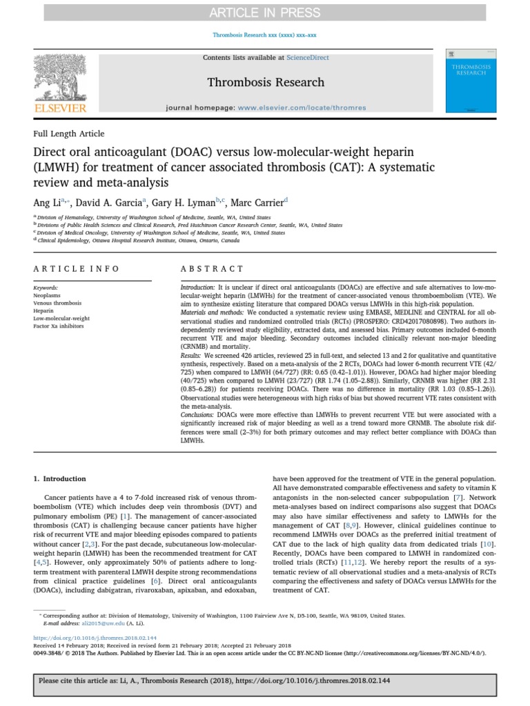 Doac Vs LMWH | PDF | Research Methods | Clinical Medicine