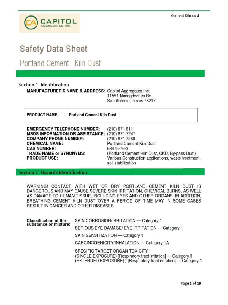Safety Data Sheet Portland Cement Kiln Dust: Section 1: Identification ...