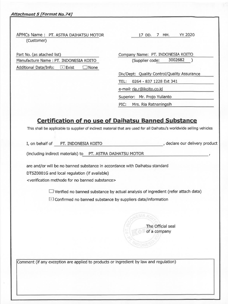 Certification of No Use of Daihatsu Banned Substance | PDF