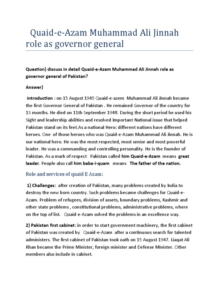 Muhammad Ali Jinnah's Role as Pakistan's First Governor General | PDF ...