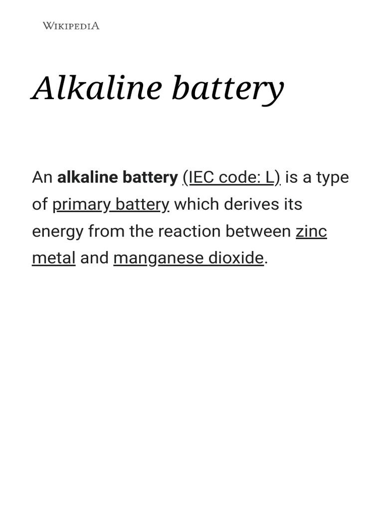 Alkaline Battery - Wikipedia PDF | PDF | Energy Storage | Galvanic Cells