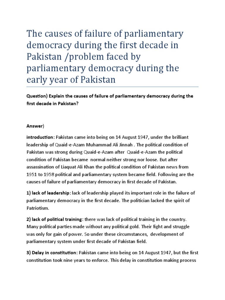 Causes of Parliamentary Democracy Failure in Pakistan | PDF | Politics ...