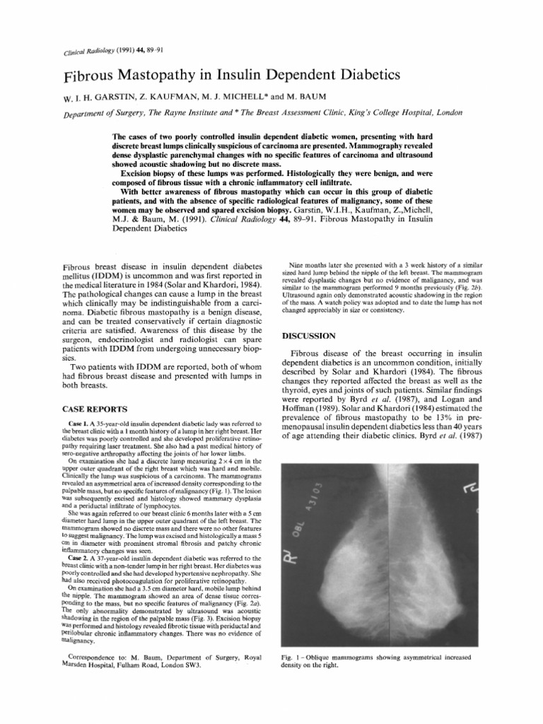 Fibrous Mastopathy in Insulin Dependent Diabetics: Clinical Radiology ...