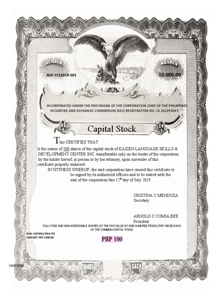 Stock Certificate for Kaizen Language Skills | PDF