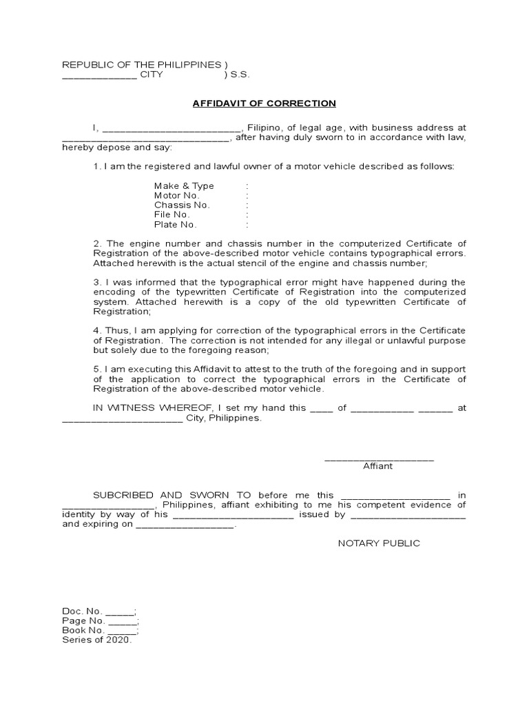 Affidavit of Correction for Vehicle Registration | PDF