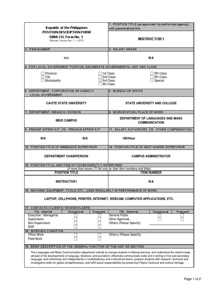 Sample of Position Description Form | PDF | Competence (Human Resources ...