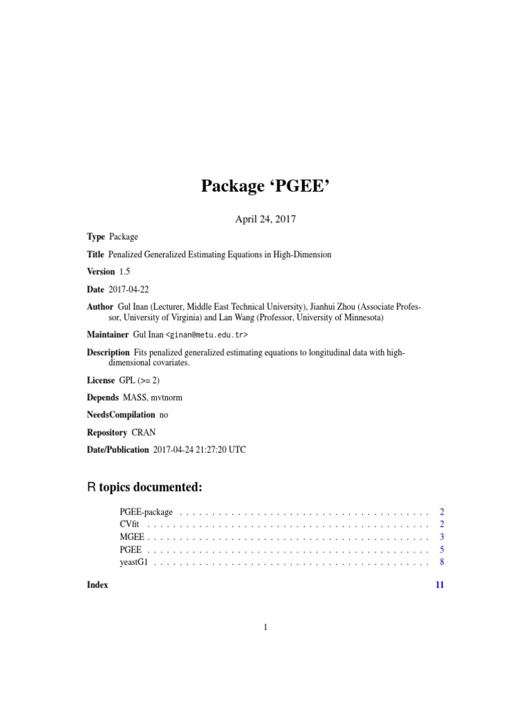 Package PGEE': R Topics Documented | Download Free PDF | Regression Analysis | Normal Distribution