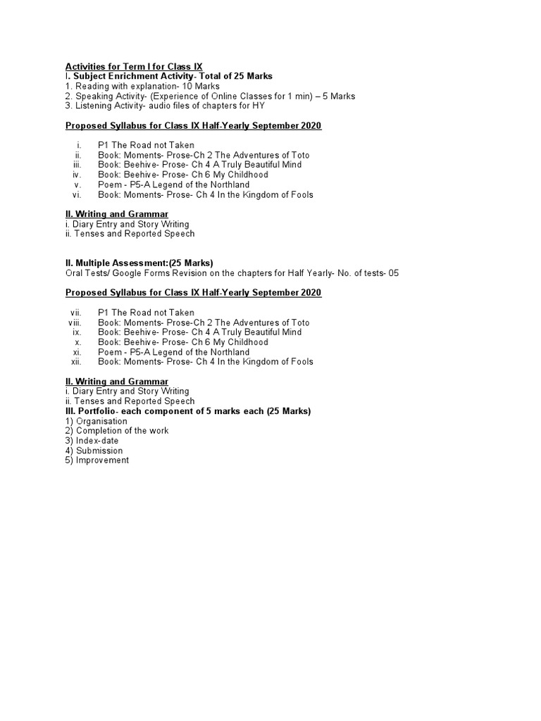 Activities For Class IX For Term 1 | PDF | Language Arts & Discipline ...
