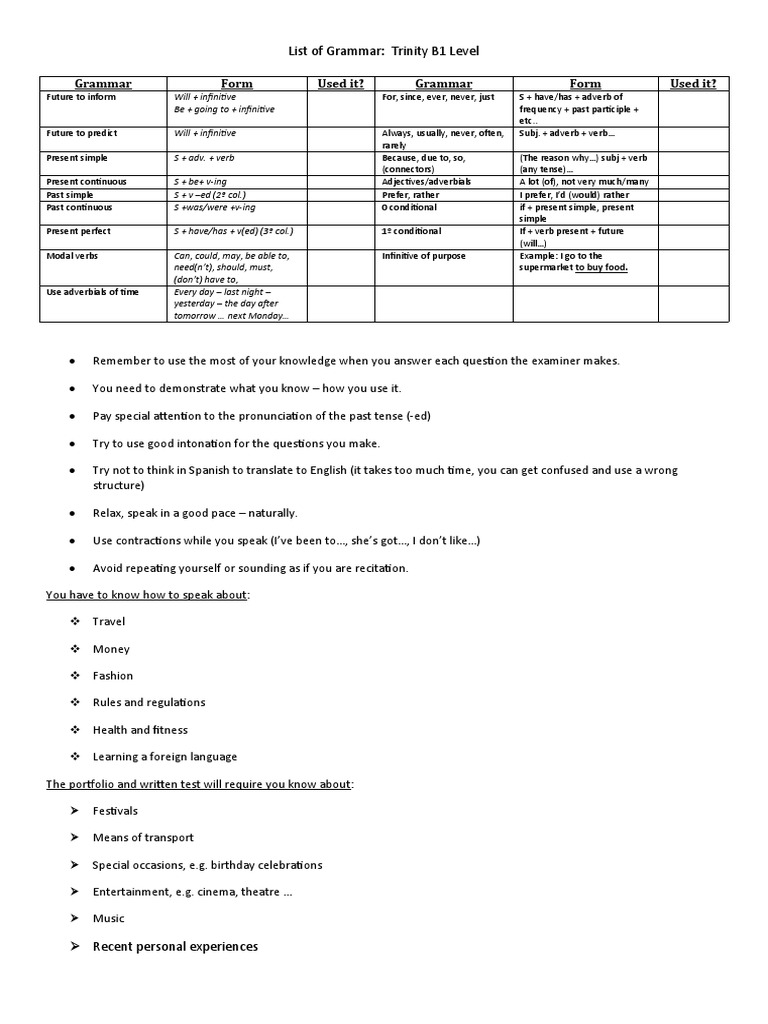 Trinity B1 Level Grammar Guide | PDF | Verb | Linguistic Morphology