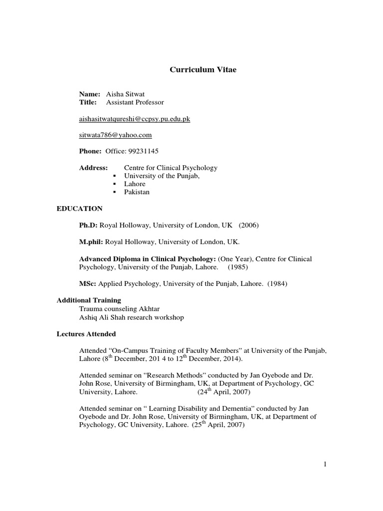 Curriculum Vitae: Name: Aisha Sitwat Title: Assistant Professor | PDF ...
