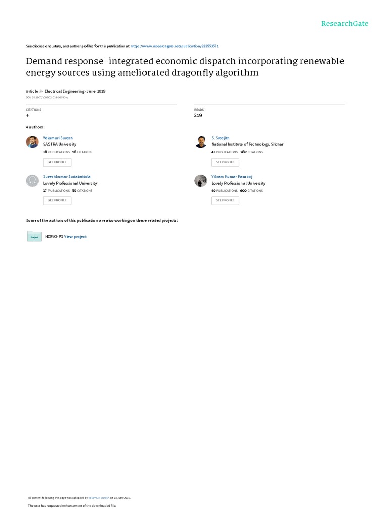 Demand Response-Integrated Economic Dispatch Incorporating Renewable Energy Sources Using ...